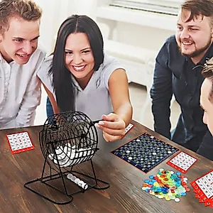 Deluxe Bingo Game Set with Metal Bingo Cage Spinner, 75 Numbered Balls, Master Bingo Board, 18 Bingo Cards and 150 Chips, for Adults, Seniors, Kids and Family