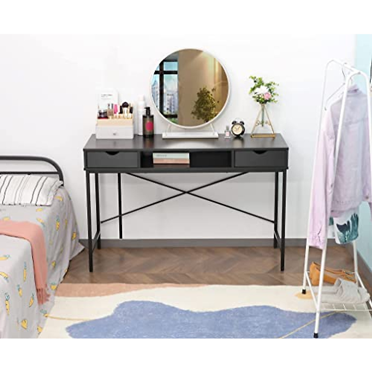 JJS 48' Writing Desk with Drawers, Contemporary Home Office Large Computer Laptop Workstation with Storage, Black