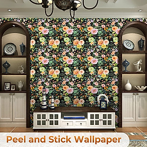 Beautysaid Wallpaper Peel and Stick Floral：Boho Textured Wall Paper for Bedroom Bathroom Renter Friendly Waterproof Pink Watercolor Modern Wallpaper for Kitchen Cabinet(Black,17.5x118 inch)