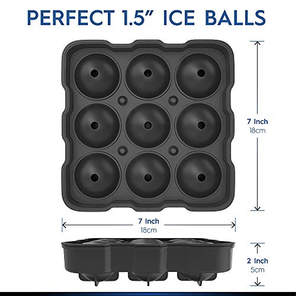 Premium Ice/Cake Ball Maker, Whiskey Ice Mold, 9 Spherical Balls Ice Tray makes 1.8" / 4.5cm Sphere, 3 Securing Systems Preventing Leakage -Silicone