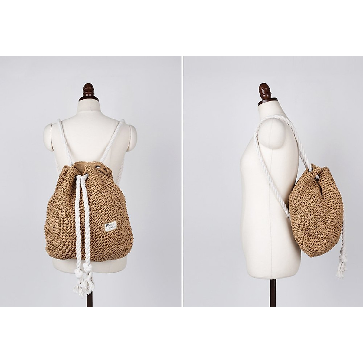 TONWHAR® Campus Fashion Straw Shoulder Bag Beach Backpack Purse (Brown)