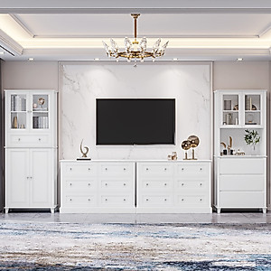 FACBOTALL 76'' Kitchen Pantry Storage Cabinet, Kitchen Buffet with Hutch, Tall Hutch Cabinet with Glass Doors, Coffee Countertop and 3 Large Drawers for Dining Living Room, White