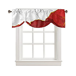 FAMILYDECOR Kitchen Valances for Windows, Elegant Adjustable Window Treatments with Tie-up, White Gold and Red Plated Marble Window Valance Curtains for Living Room/Bedroom 60x18in