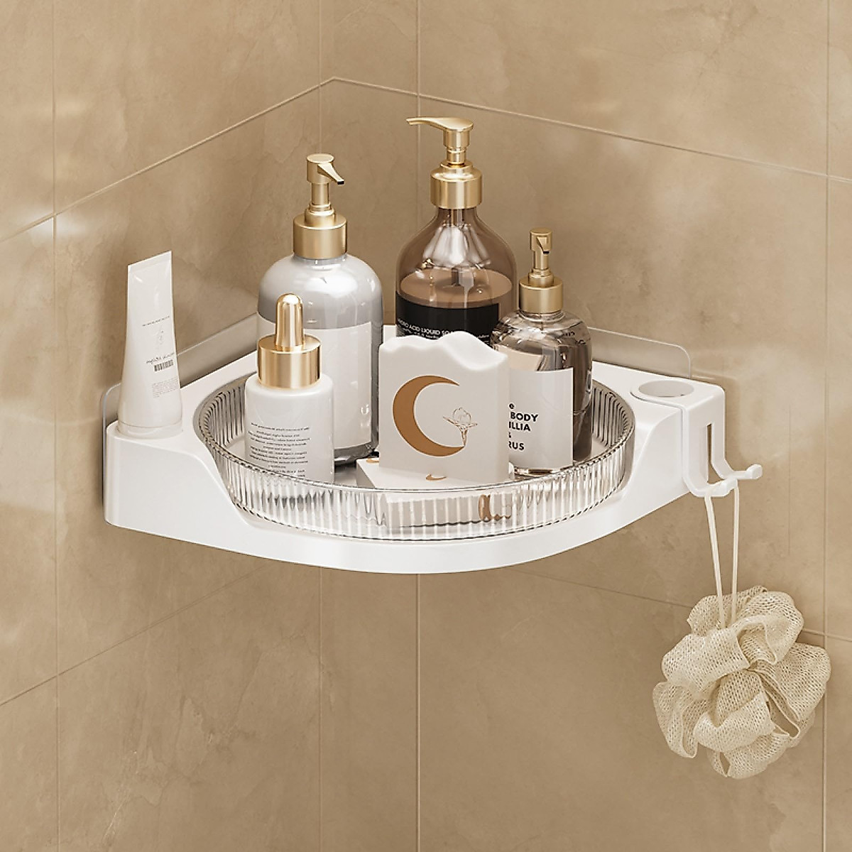 KOUHTIKA 360 Rotating Makeup Organizer Corner Spinning Bathroom Organizer 1 Pack Corner Shower Rack with Hooks for Perfume Lotion Skincare Organizer Countertop Kitchen Storage(Clear)