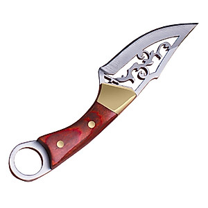 SZHOWORLD Ultra Small Fixed Blade Knife, 1.57 inch 5Cr15 Steel Laser Cutting Hollow Blade with Brass+Colored Wood Handle, Mini Knife/Box Cutter with Leather Sheath for EDC Use (Red brown)