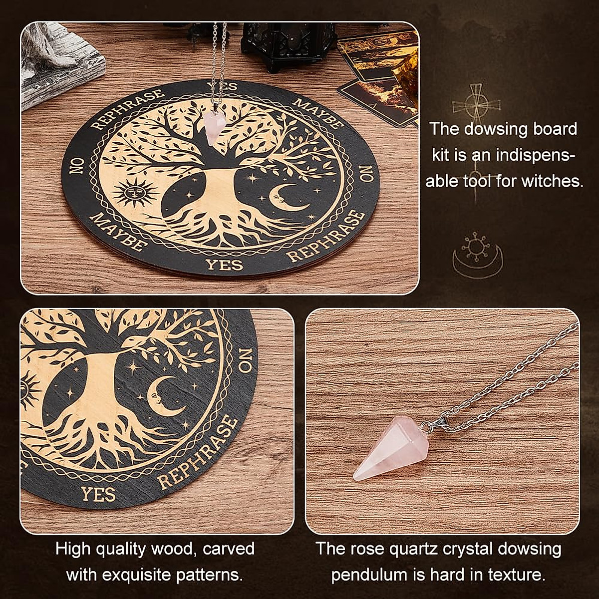 INFUNLY Witch Pendulum Board Tree of Life Round Wooden Divination Board 7.9" Sun Moon Metaphysical Message Board with Crystal Necklace Witchcraft Wicca Altar Supplies Kit
