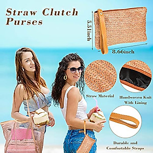 Summer Beach Accessories for Women Including Mesh Beach Tote Straw Clutch Bag Bohemian Handmade Rattan Earrings for Women Girls