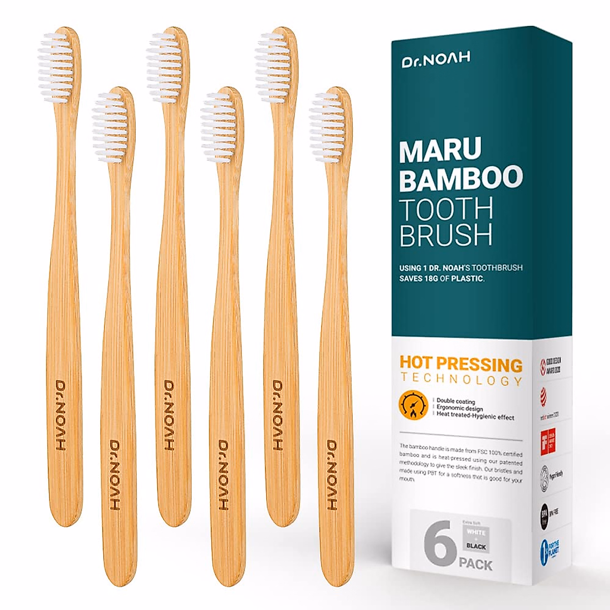 DR.NOAH Maru Bamboo Toothbrush, 6 Pack | Designed by Dentists | Waterproof & Durable Toothbrushes | Soft, Tapered, BPA Free Bristles | Compact Head | Zero Waste