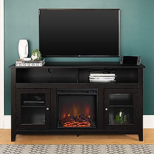 Walker Edison Glenwood Rustic Farmhouse Glass Door Highboy Fireplace TV Stand for TVs up to 65 Inches, 58 Inch, Black