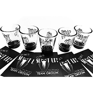 5 Groomsmen Shot Glasses (1.75 oz) & 5 Team Groom Proposal Cards as a Bachelor Party Gift Idea With Suit Up & Drink Up Text & Graphics.
