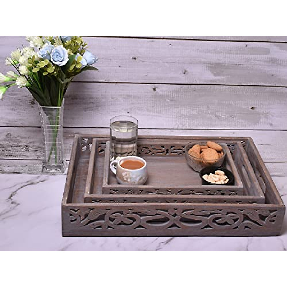 STORE INDYA Vintage Rustic Wooden Serving Trays with Handle - Set of 3 - Large, Medium and Small - Nesting Multipurpose Trays