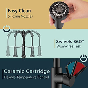 FORIOUS Black Kitchen Faucet, Commercial Kitchen Faucet with Pull Down Sprayer, Stainless Steel Kitchen Sink Faucets for 1 or 3 Hole, Single Handle Spring Faucet for Sink Farmhouse Rv Laundry Room