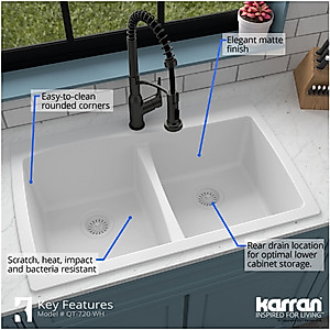 Karran QT-720 Drop-In Quartz Composite 34 in. 1-Hole 50/50 Double Bowl Kitchen Sink Kit in White