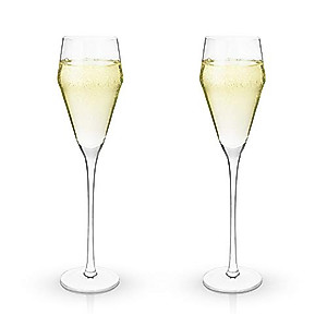 Viski Raye Angled Crystal Prosecco Glasses Set of 2, No-Lead Premium Crystal Clear Glass, Modern Stemmed, Prosecco Glass Gift Set, 8oz