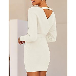 ZESICA Women's Fall Long Batwing Sleeve Wrap V Neck Knitted Backless Bodycon Pullover Sweater Dress with Belt,Apricot,Small
