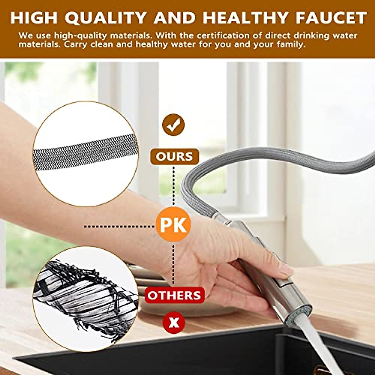 SATICO Single One Hole Single Handle Kitchen Faucet Brushed Nickel Faucet with Pull Down Sprayer Sink Faucet F80105BN Modern Contemporary Faucet in Stainless Steel & Brass cUPC NSF CEC Certified