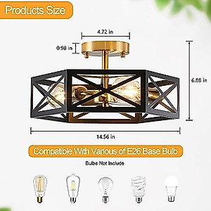 XSDeTu Modern Flush Mount Ceiling Light, 3-Light Black Gold Hallway Light Fixtures Ceiling Mount, Industrial Close to Ceiling Light with Metal Hexagon Cage Ceiling Lamp for Kitchen