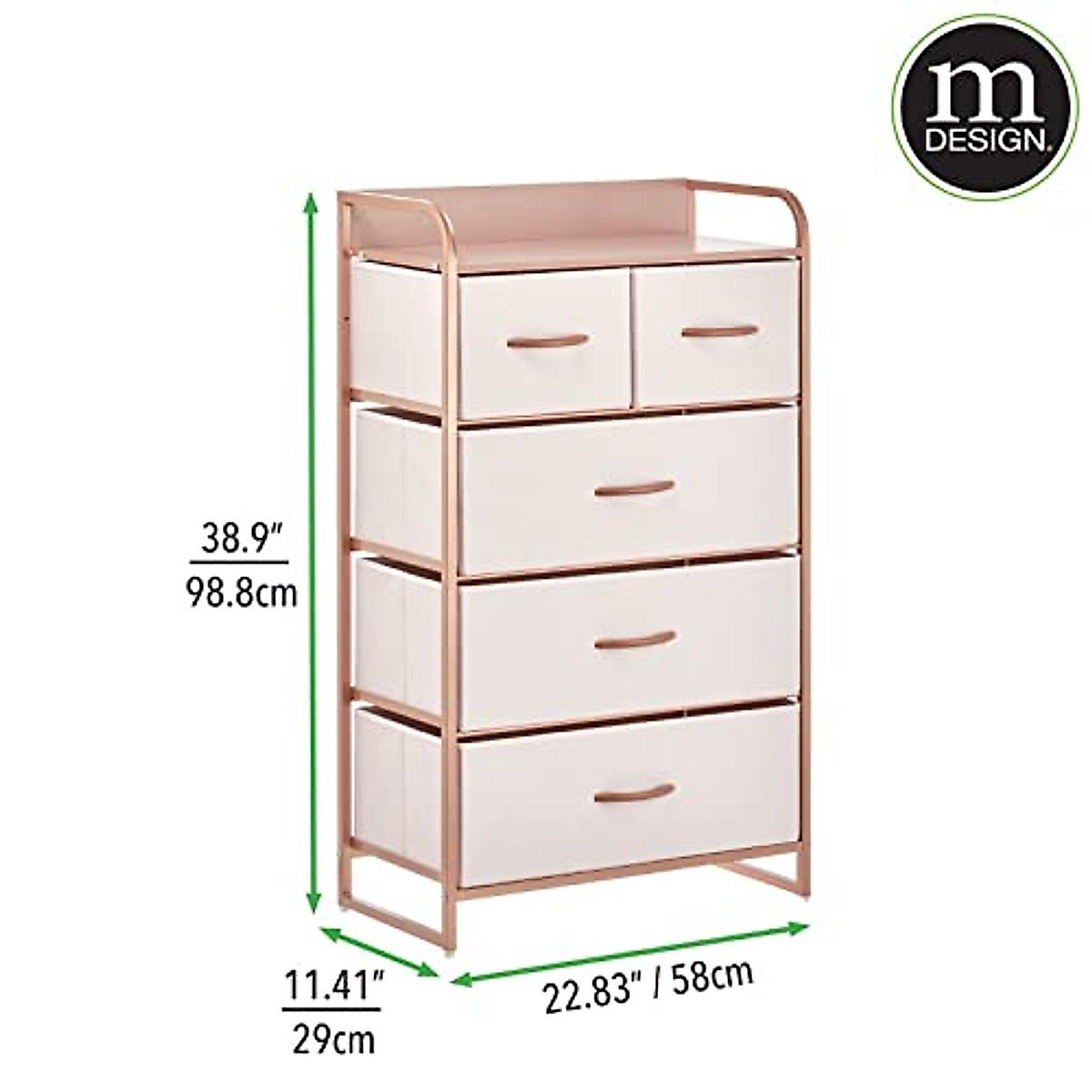 mDesign Tall Dresser Storage Chest - Vanity Furniture Cabinet Tower Unit for Bedroom, Office, and Closet - Textured Print - 5 Removable Drawers - Pink/Rose Gold