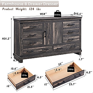 Farmhouse 8 Drawer Dresser for Bedroom - 54 Inch Wide Dresser TV Stand with Storage & Adjustable Shelves, Wood Dressers & Chests of Drawers for Closet, Dark Rustic Oak