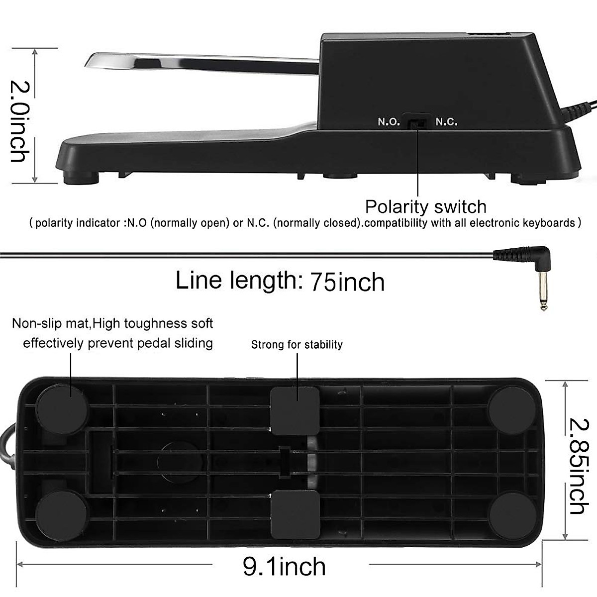 Soraco Sustain Pedal Universal for Yamaha Casio Roland Korg Behringer Moog Piano Midi Electronic keyboards Style with Polarity Switch, 1/4'' Input Plug