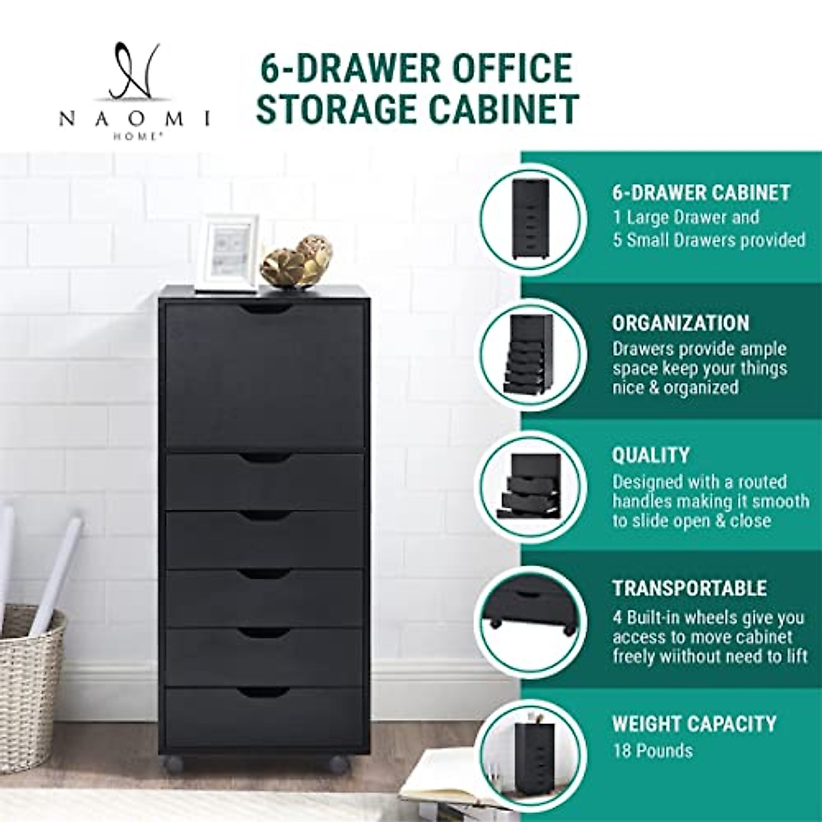 Naomi Home 6 Drawer Dresser for Bedroom, Stylish Tall Dressers with Wheels, Storage Shelves, Small Dresser for Closet, Makeup Dresser with 180 lbs Capacity - Black