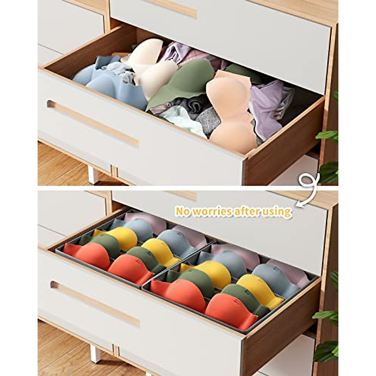 DIMJ 2 Pack Bra Drawer Organizers, 5 Cells Underwear Organizer Drawer Bra with Divider Zip Storage Cabinet Organizer Fabric Box for Bra, Socks, Ties, Belts (Grey)