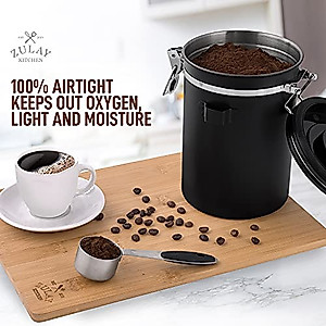 Zulay 21oz Coffee Canister For Ground Coffee - Stainless Steel Coffee Canisters With Scoop Holder & Date Tracker - Airtight Coffee Container & Coffee Storage For Coffee Jar, Tea, Sugar, Flour (Black)