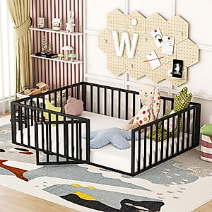 HZANHY Full Size Floor Bed, Montessori Floor Bed Frame with Fence Metal Kids Floor Bed with Door Full Slats Platform Bed with Rails for Boys Girls Excluded Mattress