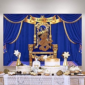 5×3ft Royal Little Prince Boy King Baby Shower Backdrop Blue Curtain Gold Crown Theme Party Banner Decorations Ethnic Black Boys Newborn 1st Birthday Cake Table Supplies Portrait Shooting Photo Props