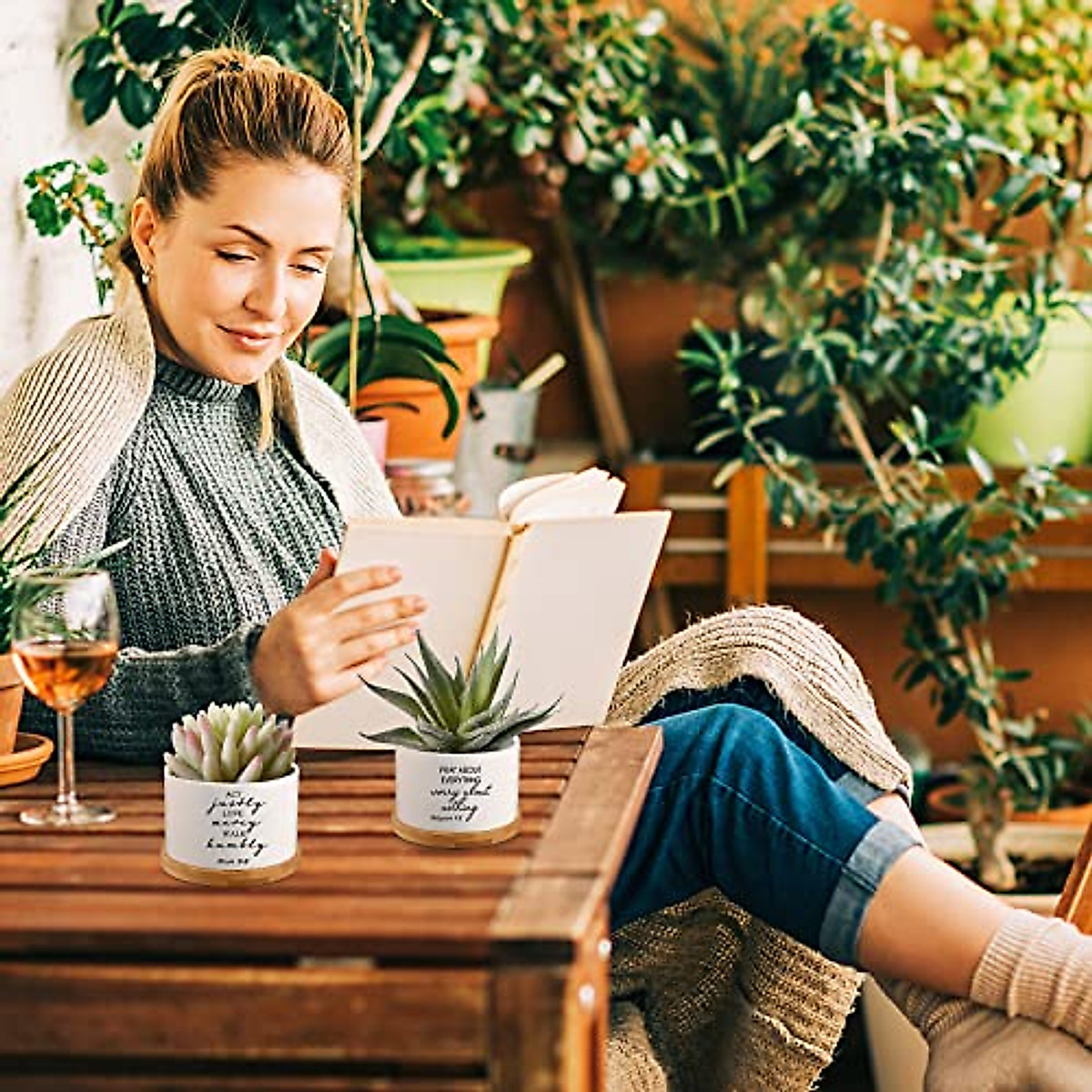 Sieral 6 Pieces Bible Verse Succulent Pots White Ceramic Flower Planter Pot with Bamboo Tray Small Plant Pots Christian Mini Succulent Planters for Patio Garden, 3 x 3 x 2 Inches, Plants Not Included