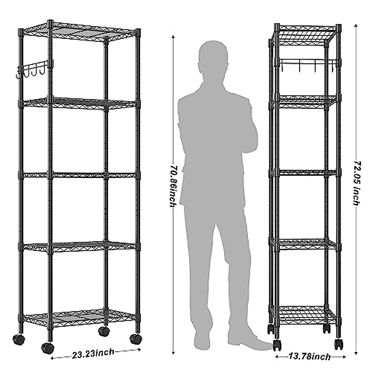 Homdox 5 Tier Wire Shelving Unit on Wheels, Adjustable Storage Racks and Shelving, Heavy Duty Rolling Metal Shelves with Side Hooks for Laundry Bathroom Kitchen Garage Pantry Organization, Black