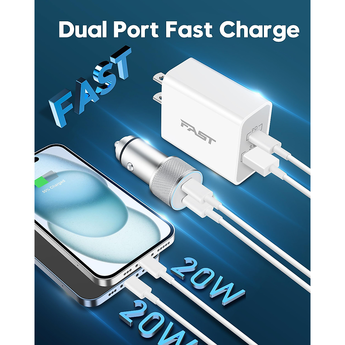 20W Dual Port Fast Wall Charger Block + 2Pack 6FT C to C Fast Charging Sync Cable + 40W Car Charger for iPhone 15/15 Plus/15 Pro Max, iPad Pro/Air/Mini