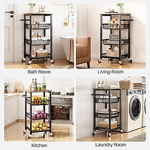 Fruit Basket for Kitchen Pantry Organizers - 4 Tier with Wheels, Wooden Top Table, Stackable Metal Wire Basket Stand for Fruit Vegetable Snacks Storage Organization, Black