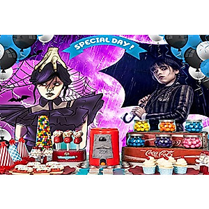 85x60 inches Wednesday Addams Backdrop Birthday Banner Decorations 7x5 ft Family Cartoon Happy Birthday Party Supplies, Special Day Photo Background for Multi Occasions