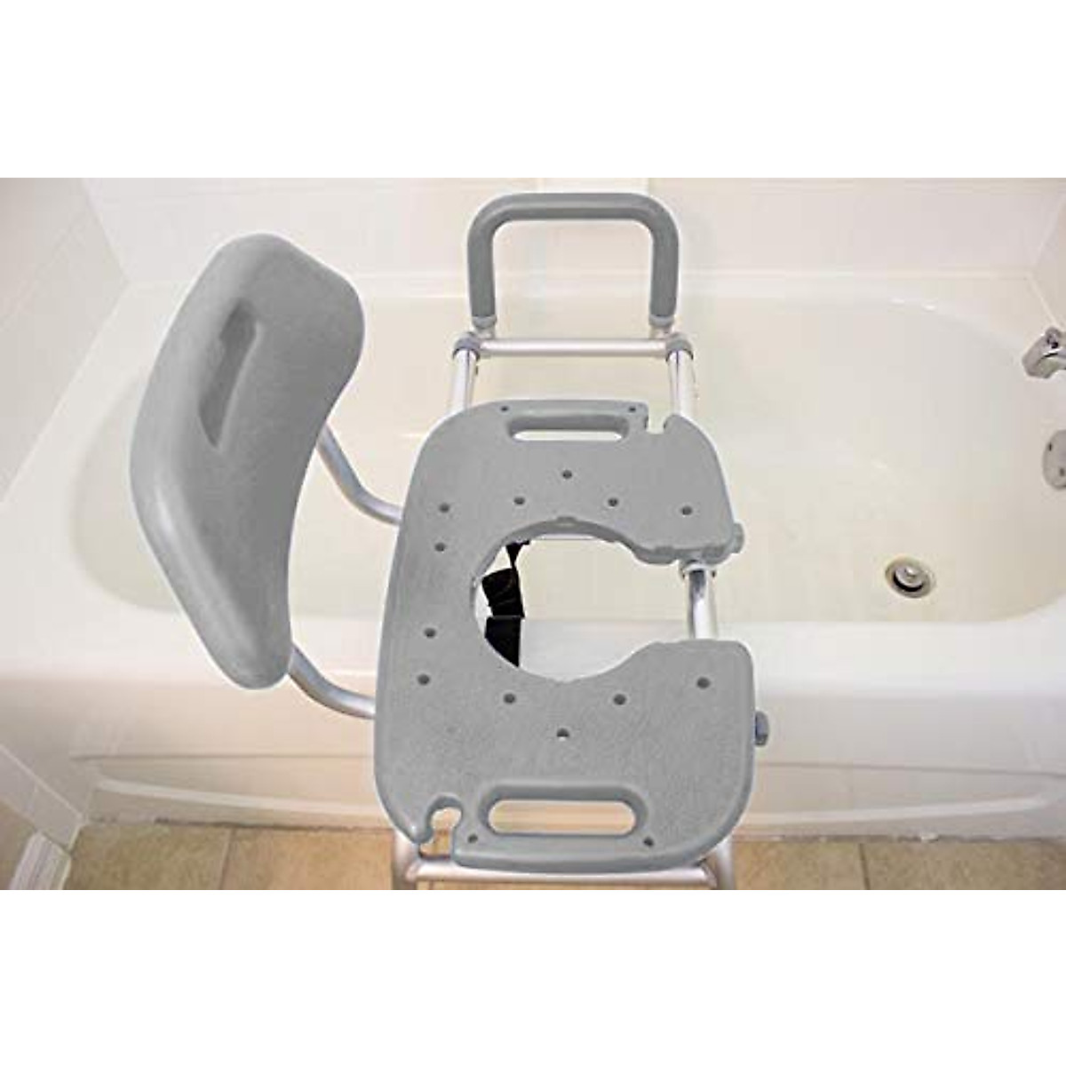 Sliding Shower Chair HydroGlyde Premium Heavy Duty, Padded Bathtub Transfer Bench with Cut Out Seat, for Bath Tub, Adjustable Legs, and Safety Belt, Quick Tool-Less Assembly, Gray