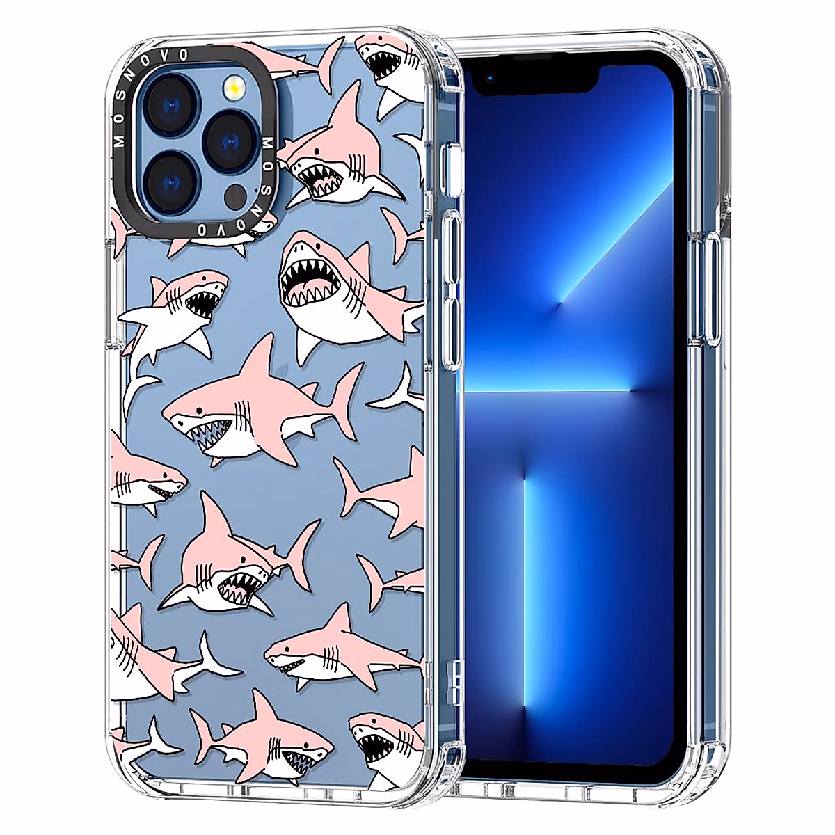 MOSNOVO Case for iPhone 13 Pro Max, [Buffertech 6.6ft Military-Grade Drop Protection] [Anti Peel Off Tech] Clear TPU Bumper Phone Case Cover Design - Pink Sharks