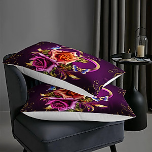 AILONEN Red Rose Comforter Set Queen Size, Gold Botanical Floral Bedding Set,Purple Hearts Comforter Set for Girls Women,Rose Butterfly Comforter and 2 Pillowcases,3 Pieces