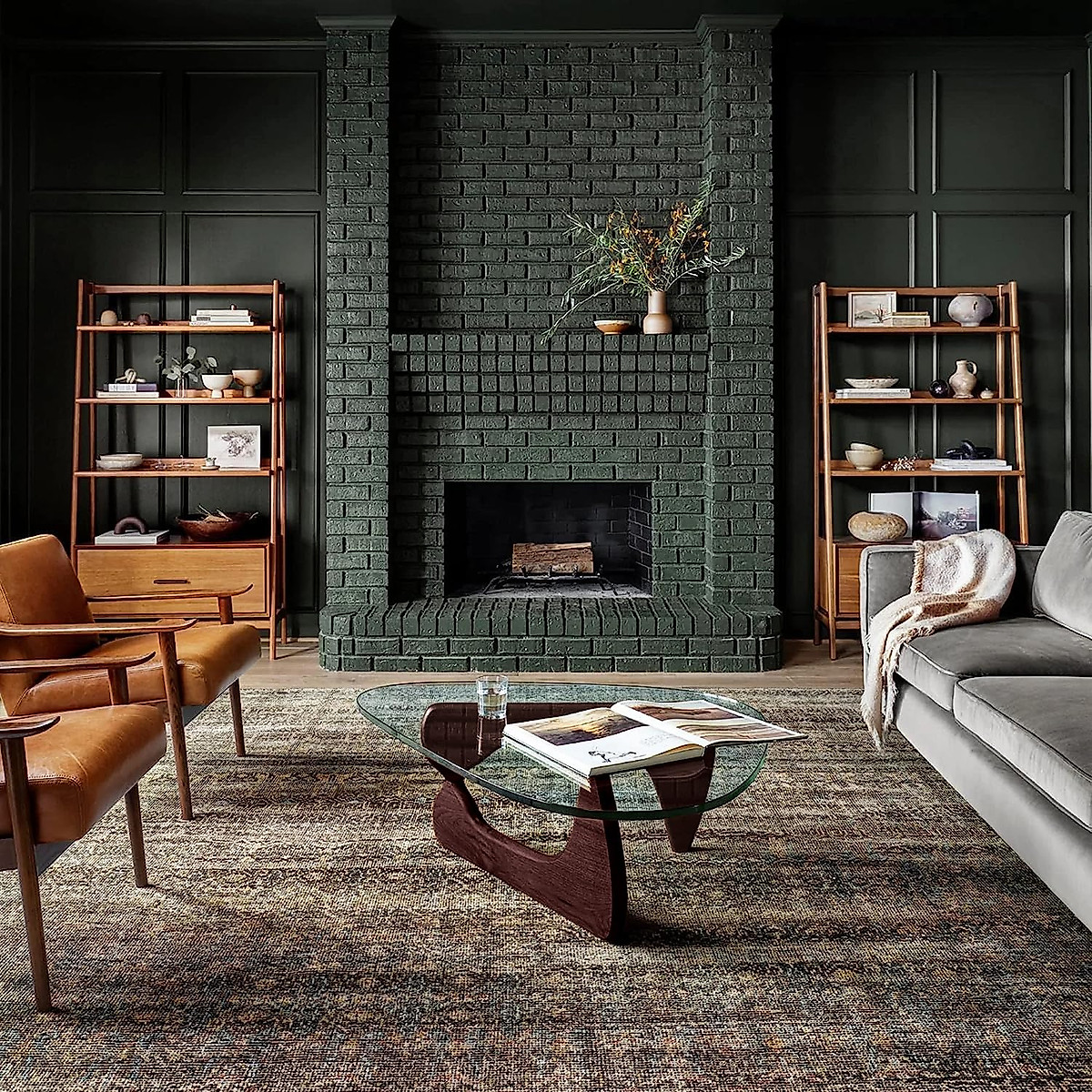 Rimdoc Triangle Glass Coffee Table Modern Noguchi Coffee Table, Vintage Glass, Wood End Table, Solid Wood Base and Clear Glass Top Accent Coffee Table, for Living Room, Patio(Upgraded Version)