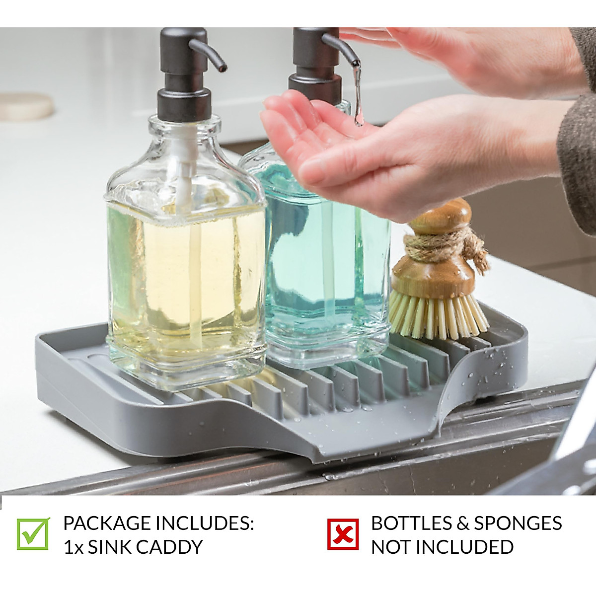 UHMER Silicone Sink Tray, Extra Large Self-Draining Sink Tray for Soap Bottles, Quick-Dry Silicone Sponge Holder for Kitchen Sink, Wide Lip Silicone Kitchen Sink Tray (Dark Gray)