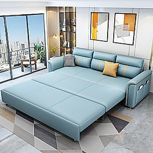 LAKIQ Contemporary Blue Sofa Bed with Storage Faux Leather, Metal, Sponge Seat Fill Loveseat Couch (94.5" L x 31.5" W x 33" H)