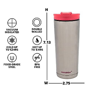 costablue Travel Coffee Mug - 16 Oz. Stainless Steel Insulated Coffee Mug, Leak Proof Tumbler w/Dishwasher Safe Lid, Double Wall Travel Coffee Cup, Reusable Insulated Tumbler for Hot & Cold Beverages