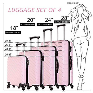 Apelila 4 Piece Luggage Sets,Travel Suitcase Spinner Hardshell Lightweight w/Free Suitcase Cover& Hanger (4PC Pink)
