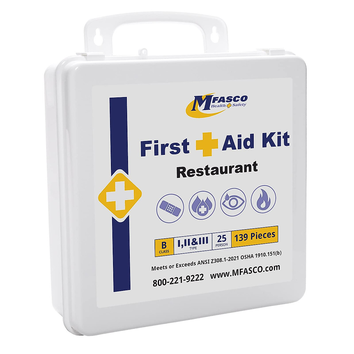 MFASCO Class B Restaurant First Aid Kit - OSHA Compliant - Emergency Plastic Box - Rubber Sealed - Includes Blue Bandages and Burn Care Supplies - Essentials for Work or Restaurant - 139 Pieces