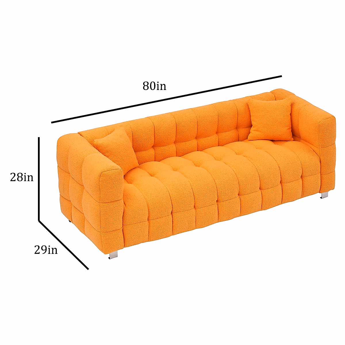 Dolonm Modern Sofa Couch with Metal Legs Upholstered Tufted 3 Seater Couch with 2 Pillows Decor Furniture for Living Room, Bedroom, Office, 80 Inch Wide(Orange-Teddy)