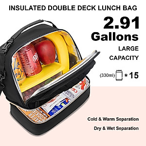 Everfun Insulated Lunch Bag for Women Double Deck Lunch Box 15 Can Leakproof Portable Reusable Tote Bag Lunch Cooler for Work, Black