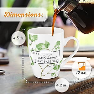 Christian Art Gifts Ceramic Coffee and Tea Mug 12 oz Inspirational Bible Verse Mug for Women and Men: Be Still and Know - Psalm 46:10 Microwave and Dishwasher Safe White Mug with Green Leaf