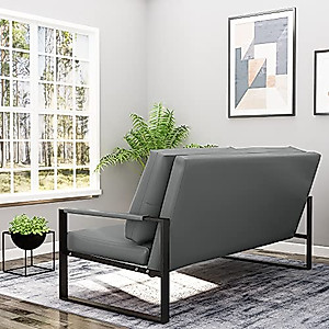 Lamerge Mid-Century Modern Leather Loveseat, 2-seat Loveseat Sofa Couch,Living Room Loveseat Metal Armchair Accent Chair,Upholstered Sofas for Small Space,Bedroom, Apartment,Easy-Assembly, Grey