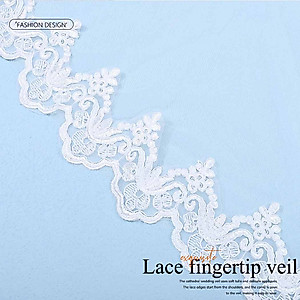 Unsutuo Lace Applique Bride Wedding Veil 1 Tier Short Fingertip Bridal Tulle Veil with Comb for Women and Girls (L:118",W:59", Ivory)