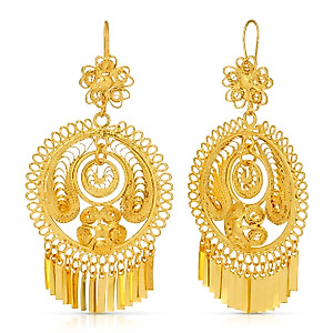 Folklorico Dance Traditional Mexican Gold Filigree Earrings, Flower, Medium, Gold, Day of the Dead, Mexican Earrings