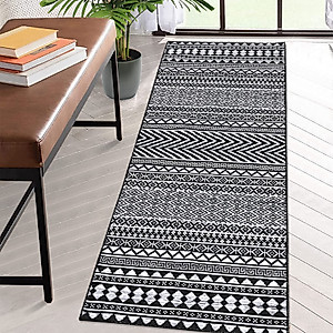 Fashionwu Machine Washable Rug 2x12 Runners for Hallway, Boho Bathroom Rug Low Pile Geometric Area Rug Black and White Rug for Entryway Non-Slip Throw Rugs for Indoor Entry Rug for Bedroom, 2x12 Feet